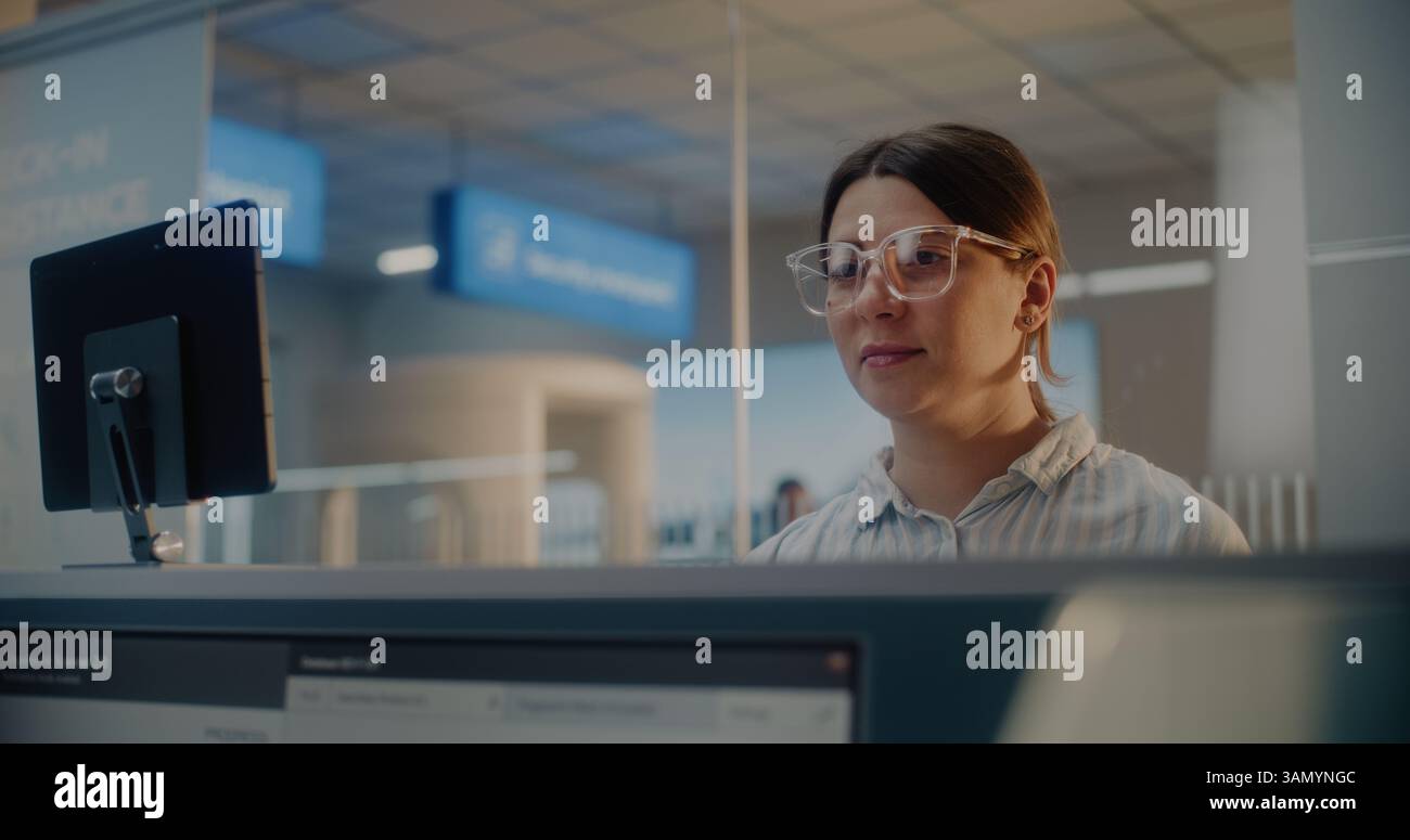 Airport Check-in Counter: Woman Giving Passport and Airplane Ticket to ...