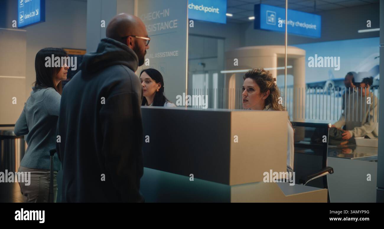 Diverse Passengers at Airport Check-in Counter: Man Placing Suitcase ...