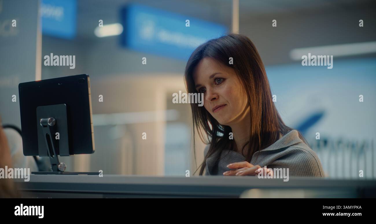 Diverse Passengers at Airport Check-in Counter: Close Up of Woman ...