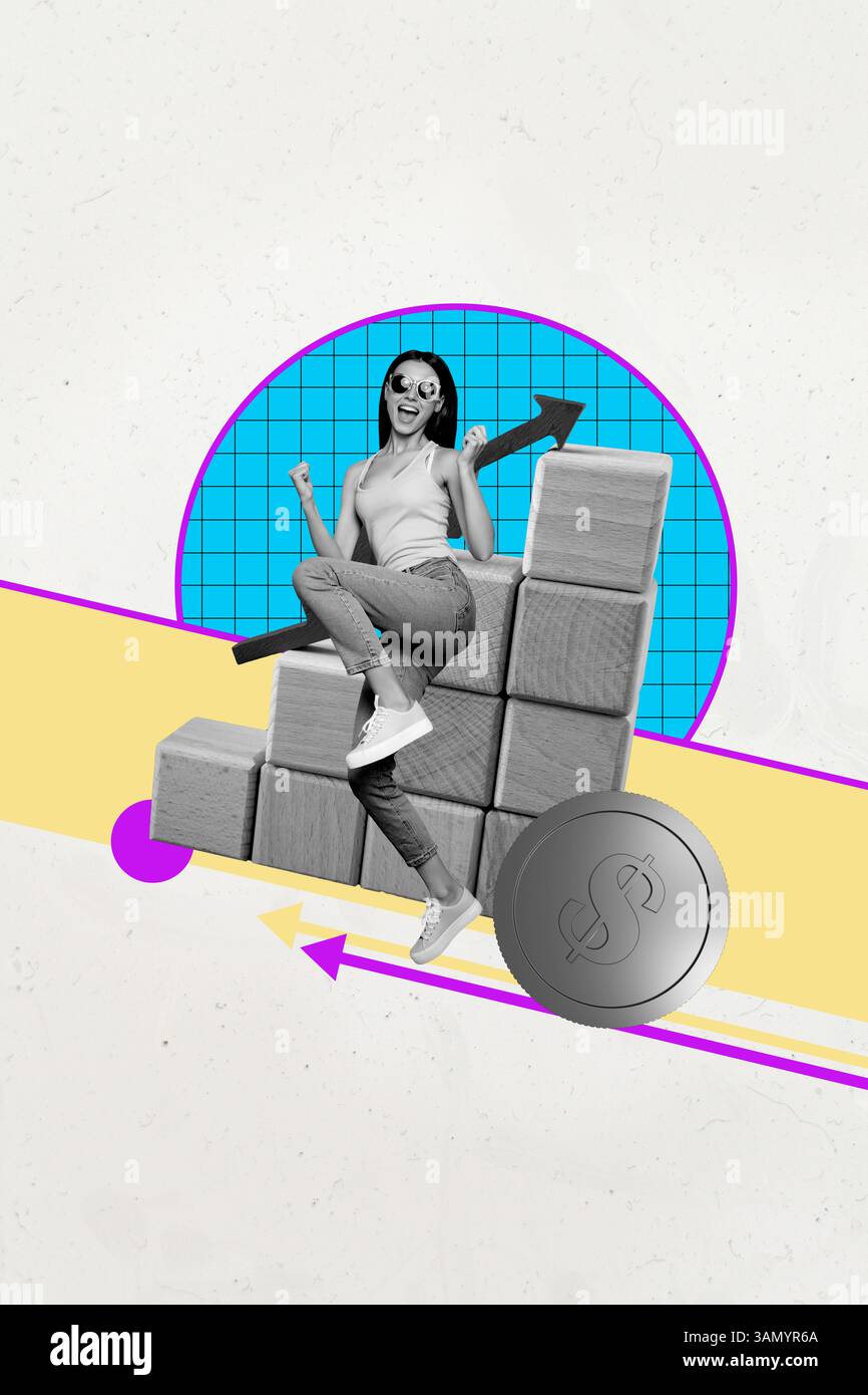 Creative template collage of person win with charts coins on white ...