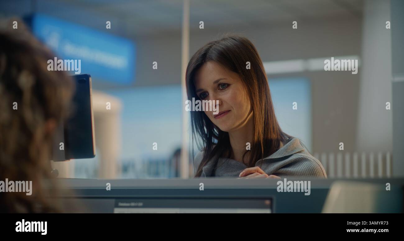Diverse Passengers at Airport Check-in Counter: Close Up of Woman ...