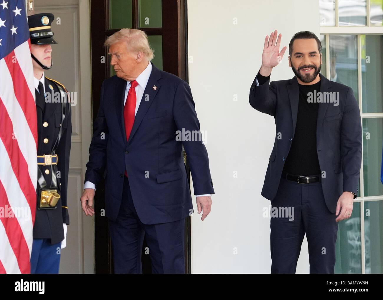 El Salvador's President Nayib Bukele waves after being greeted by ...