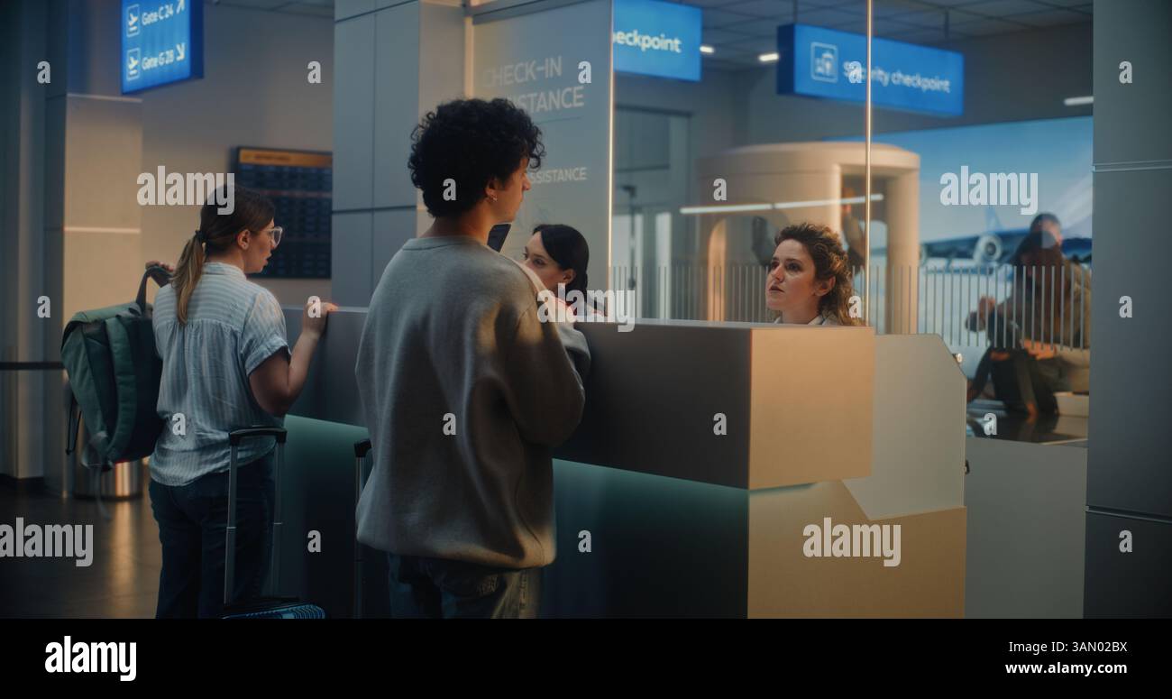 International Airport Terminal: Woman Giving Passport and Flight Ticket ...