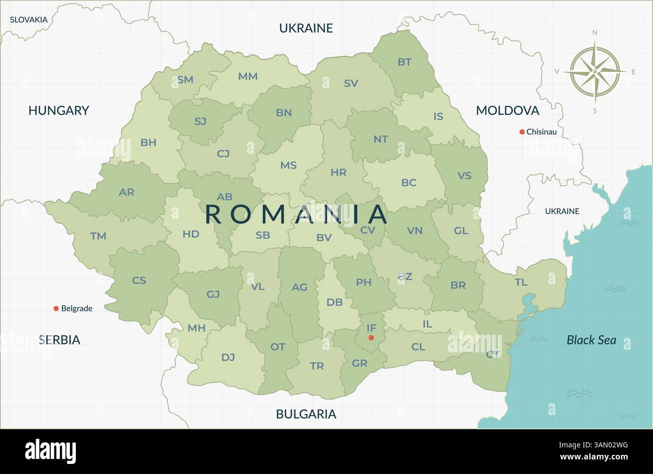 Romania political map detailed with counties border, name abbreviations and neighboring ...