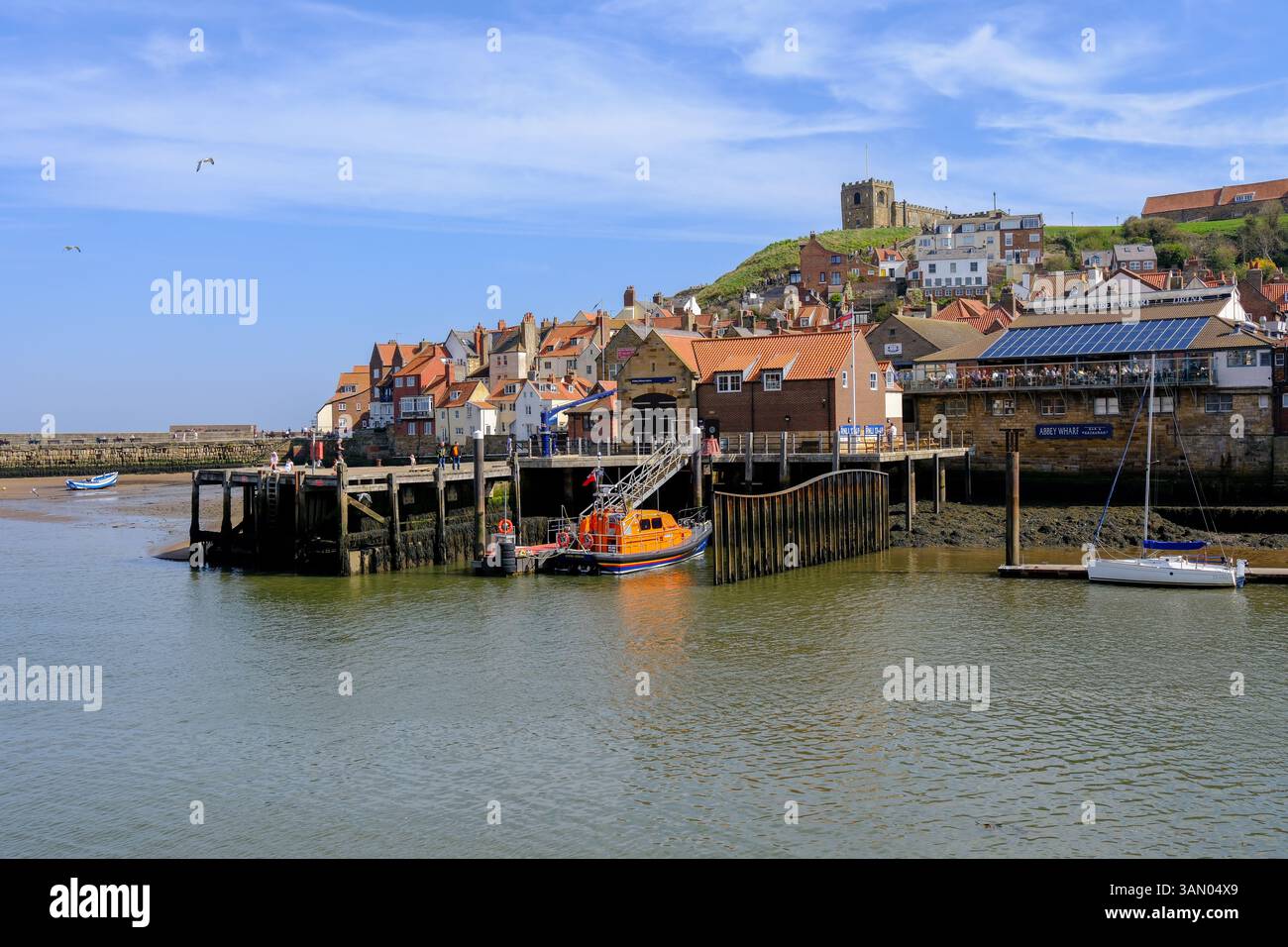 12 April 2025 - Whitby, UK - The Whitby RNLI lifeboat moored at its ...
