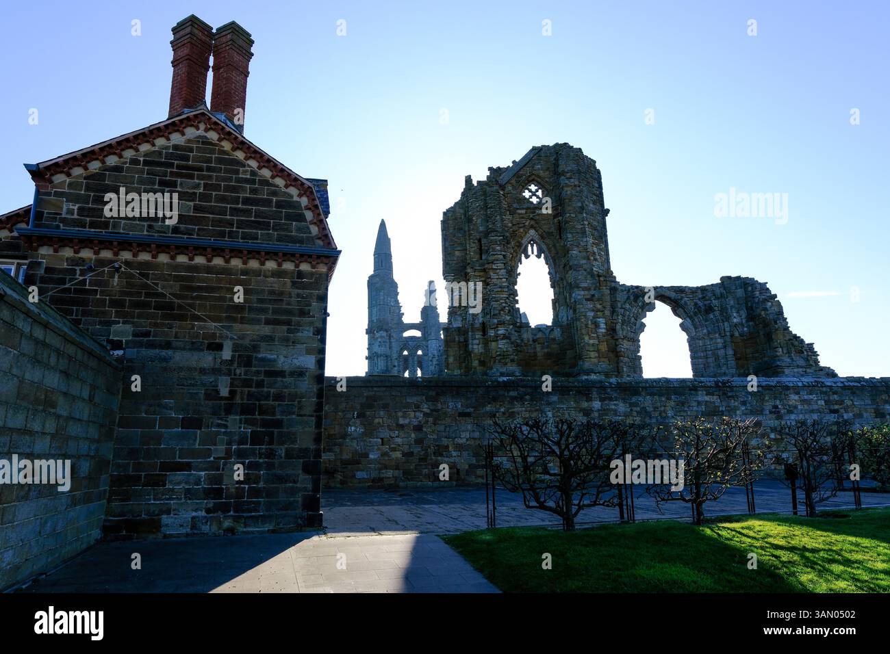12 April 2025 - Whitby, UK - Whitby Abbey on top of the hill above the ...