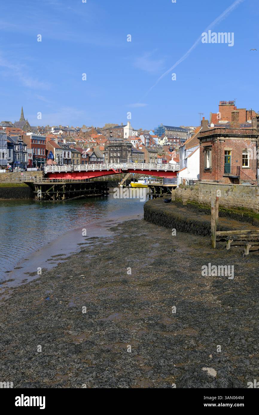 12 April 2025 - Whitby, UK - The harbour entrance and Swing Bridge in ...