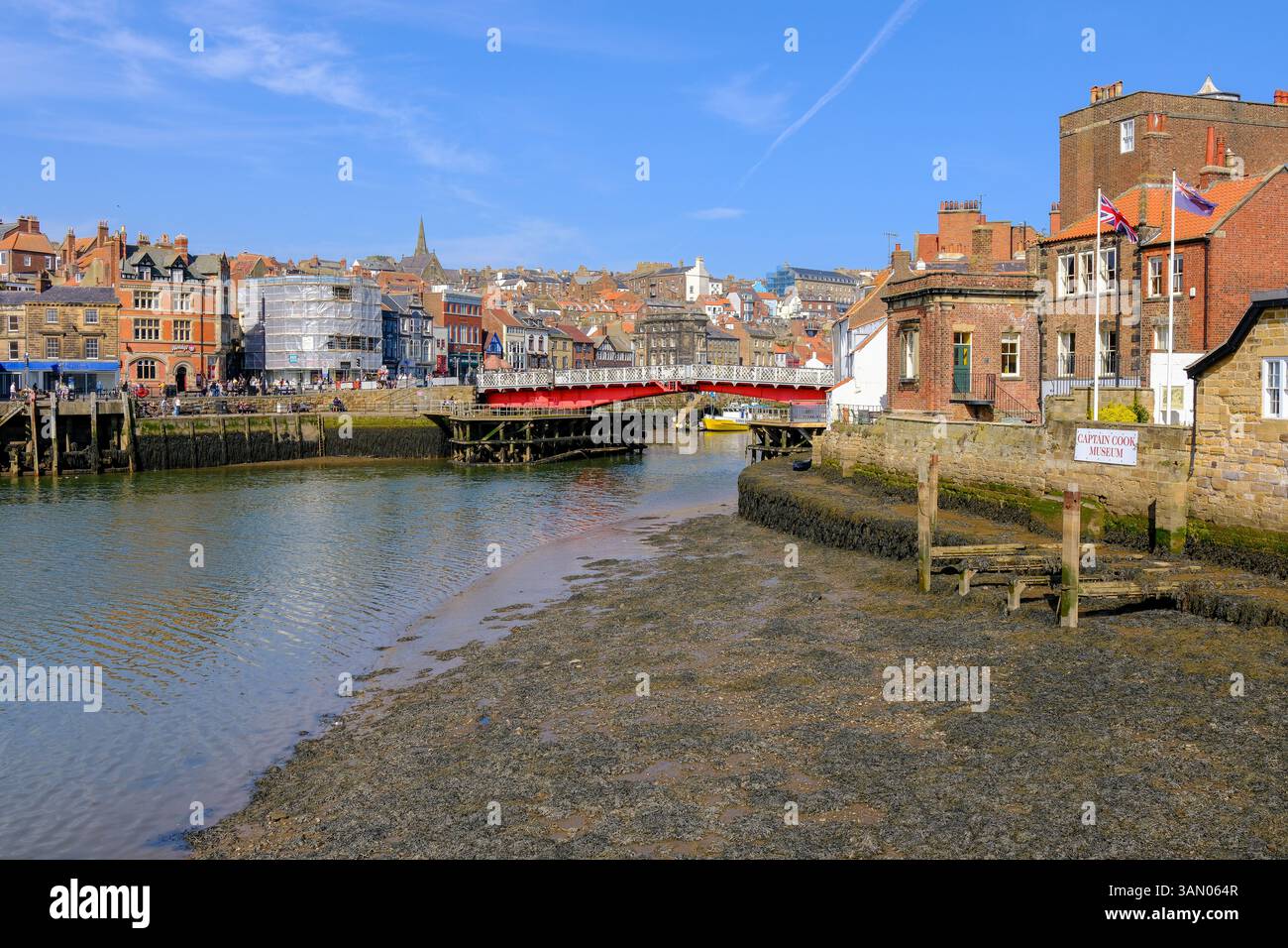 12 April 2025 - Whitby, UK - The harbour entrance and Swing Bridge in ...