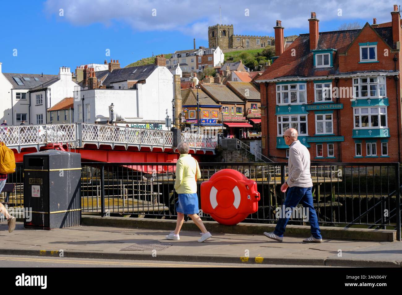 12 April 2025 - Whitby, UK - The harbour entrance and Swing Bridge in ...