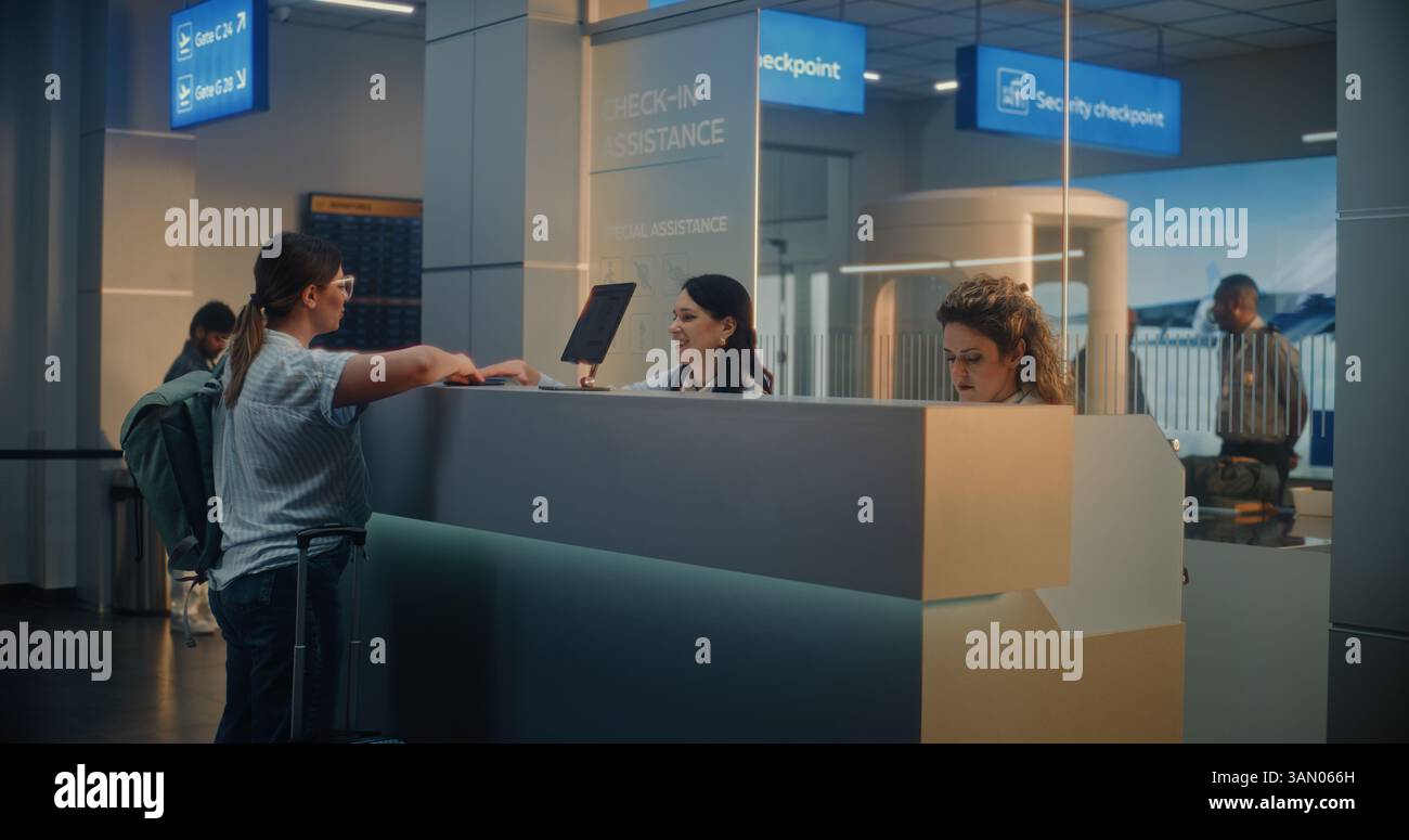 International Airport Terminal: Woman Giving Passport and Flight Ticket ...