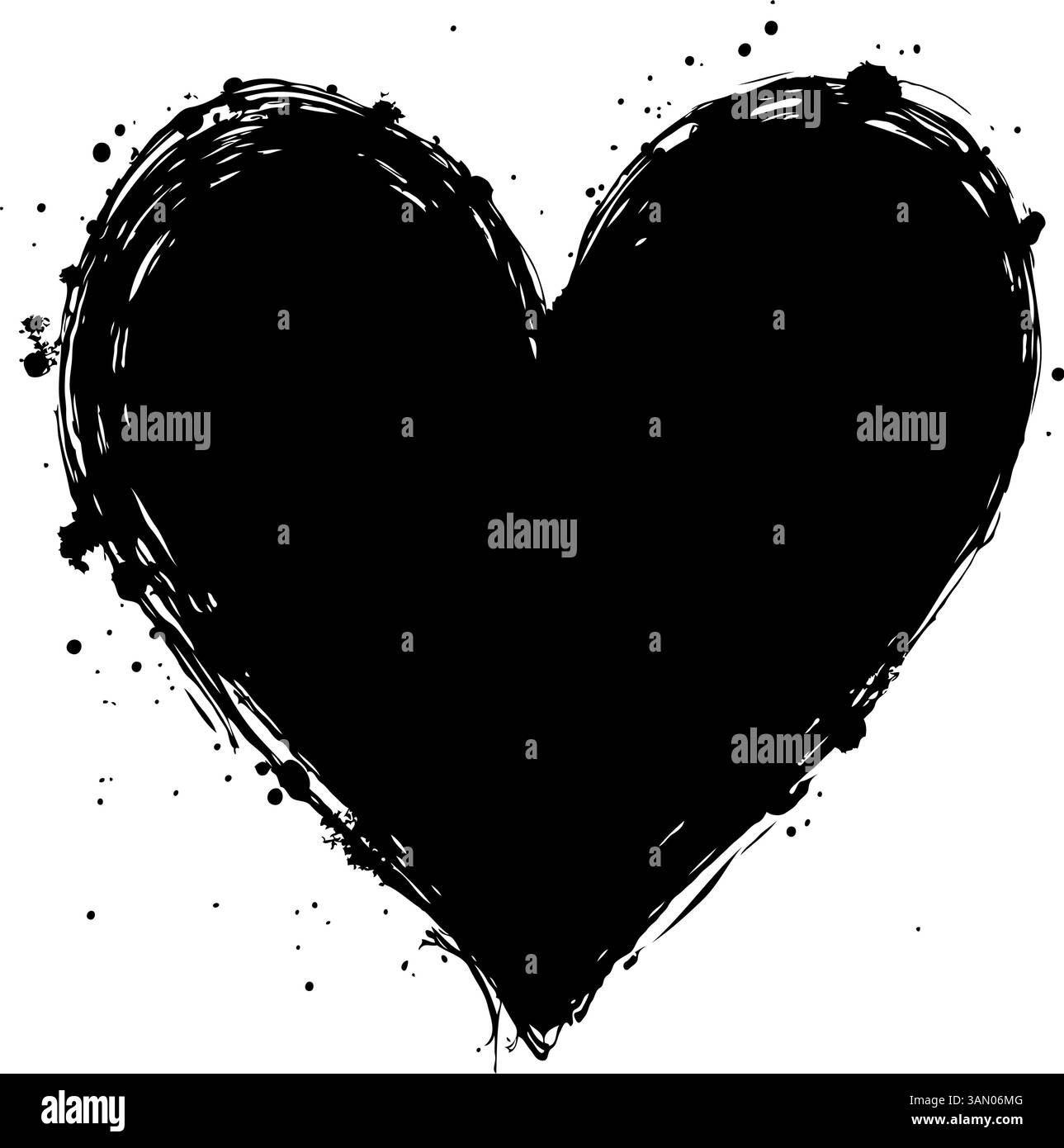 Black grunge-style heart with splashes and uneven edges on a white ...