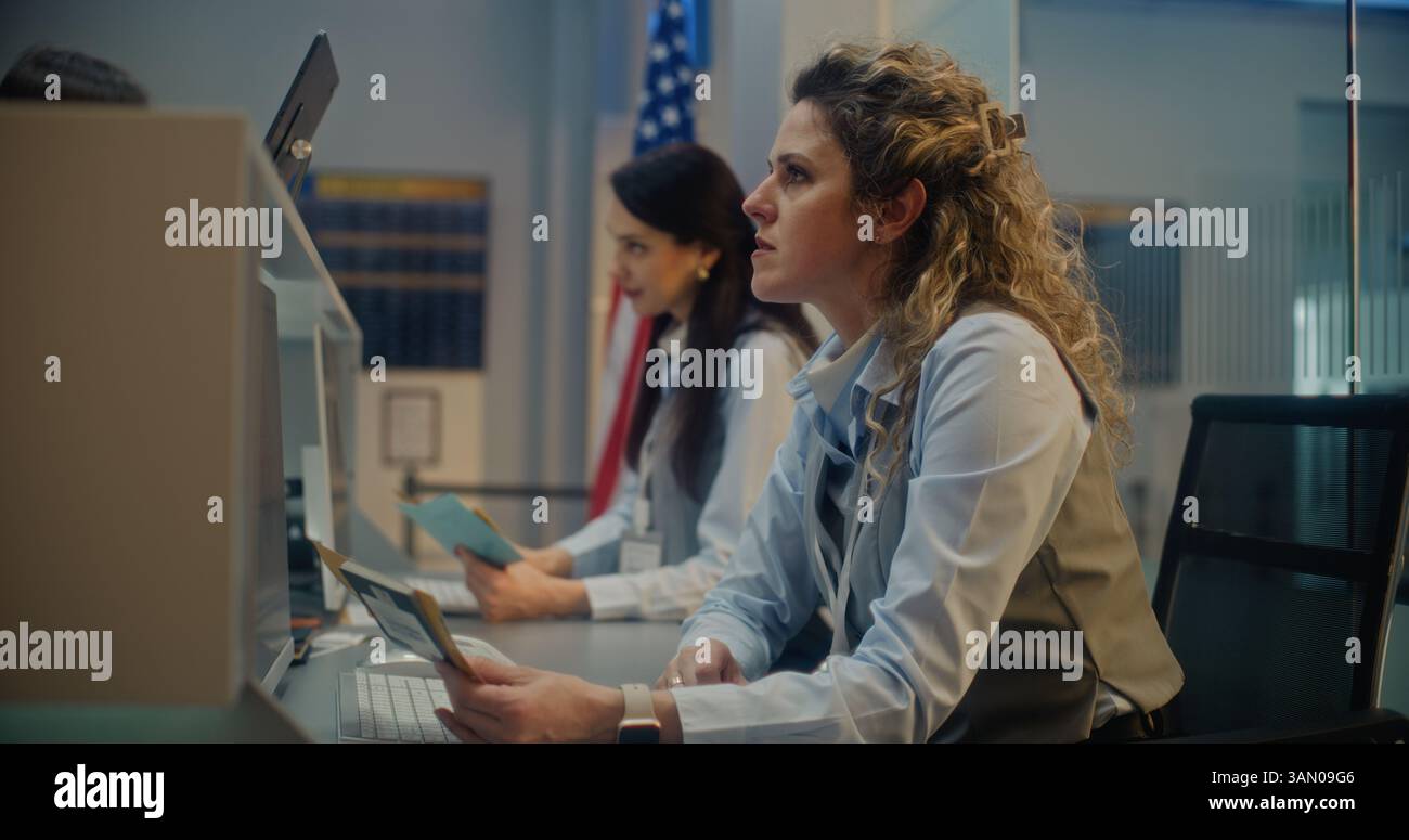 Airport Check-in Counter: Female Airline Agents Checking Documents and Airplane Tickets of ...