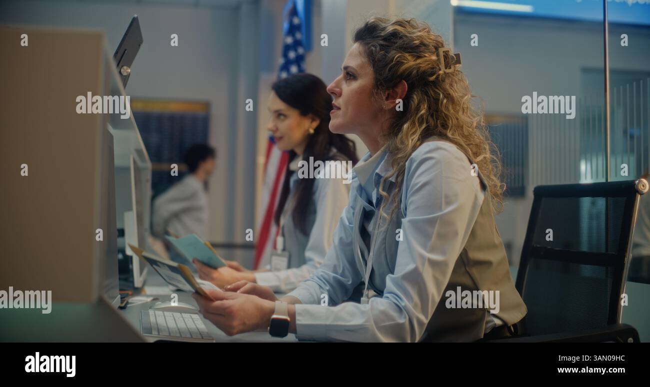 Airport Check-in Counter: Female Airline Agents Checking Documents and Airplane Tickets of ...