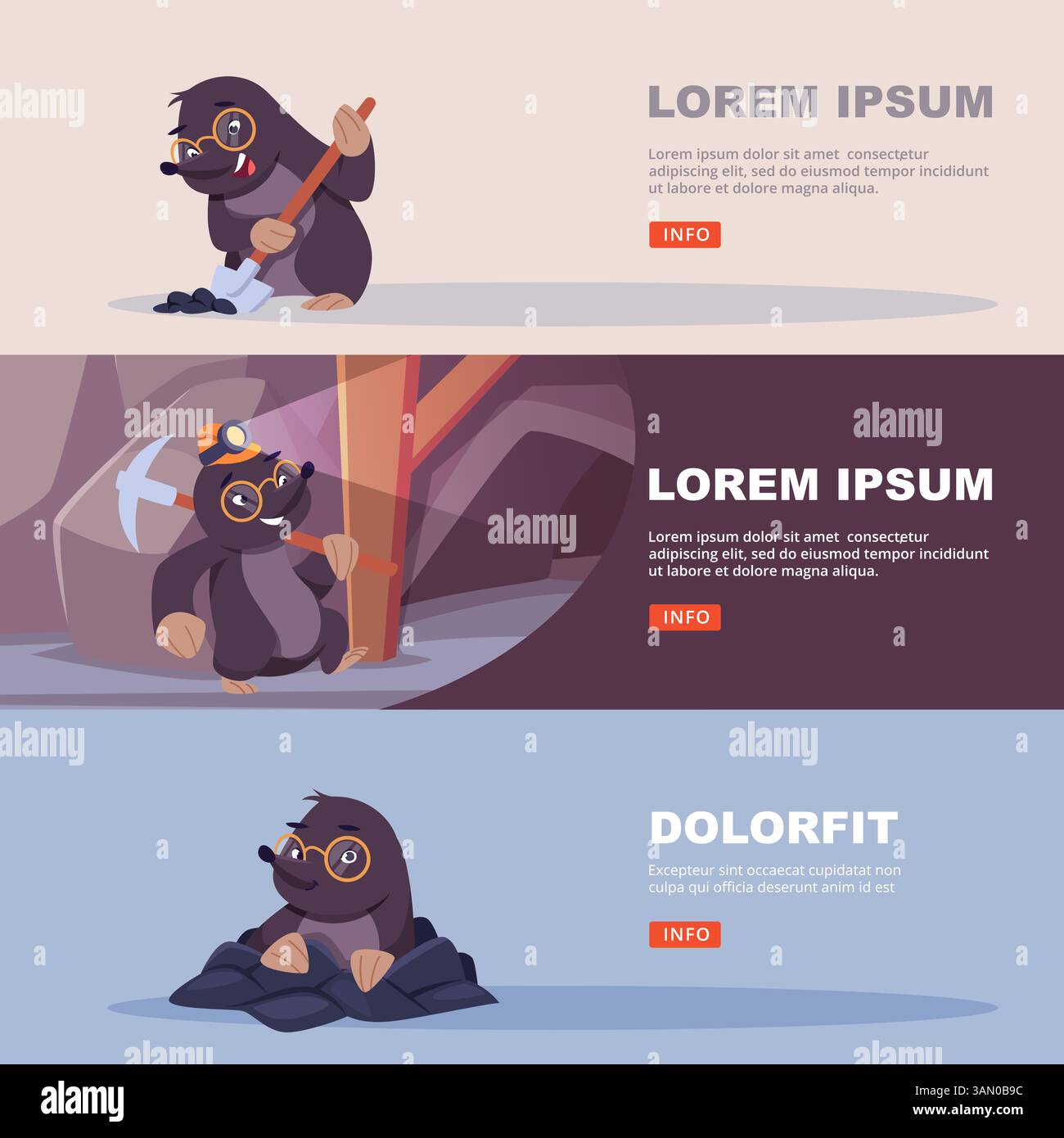 Happy mole. vector banners with pictures of digger wild animal Stock ...