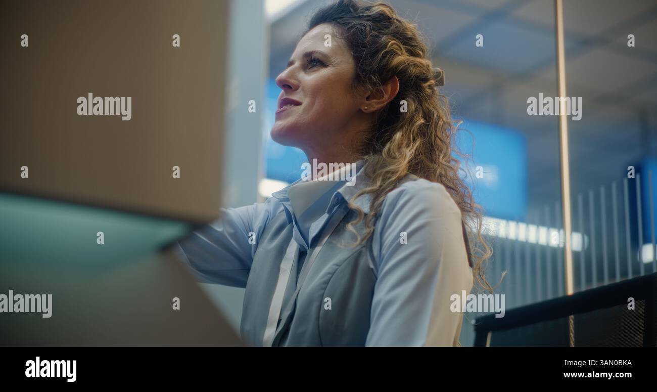 Airport Check-in Counter: Close Up of Female Airline Agent Talking and ...