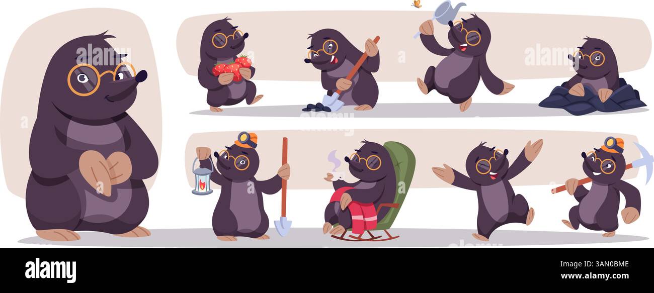 Mole. Wild animal in cartoon style exact vector funny mole in different ...