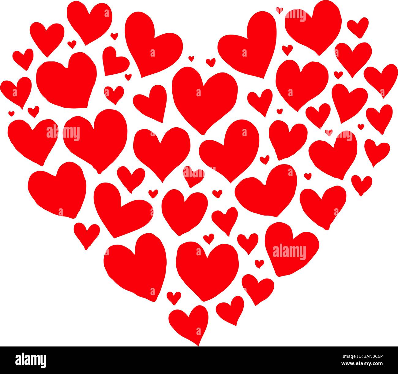 Heart shape formed by multiple red hearts of varying sizes on a plain ...