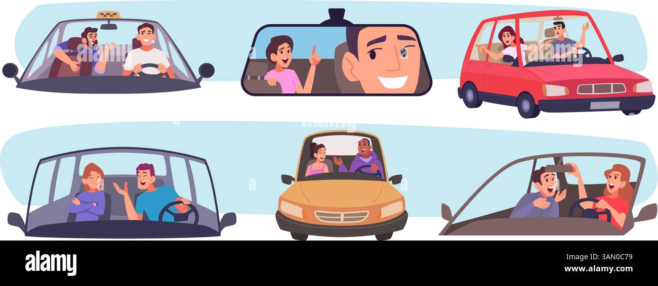 Drivers inside car. People talking and driving automobile exact vector ...