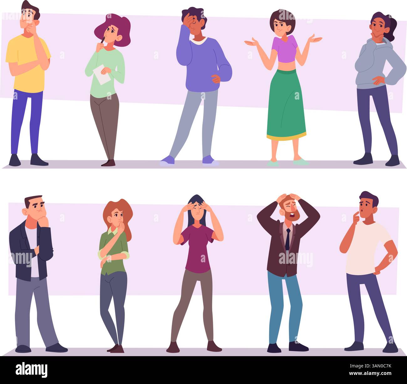 Confused people. Characters standing and uncertain thinking exact ...