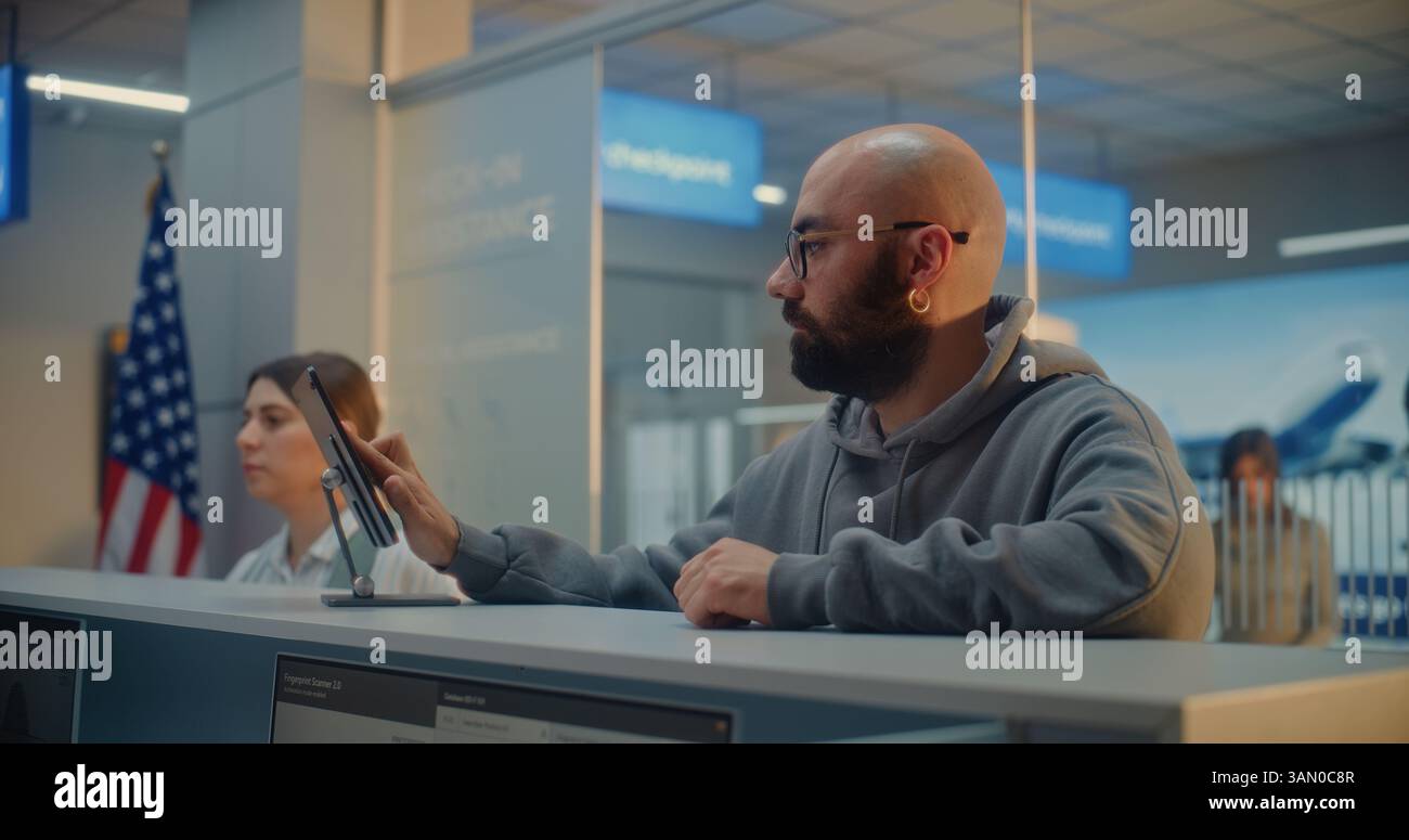 Airport Check-in Counter: Man Giving Documents and Airplane Ticket to ...
