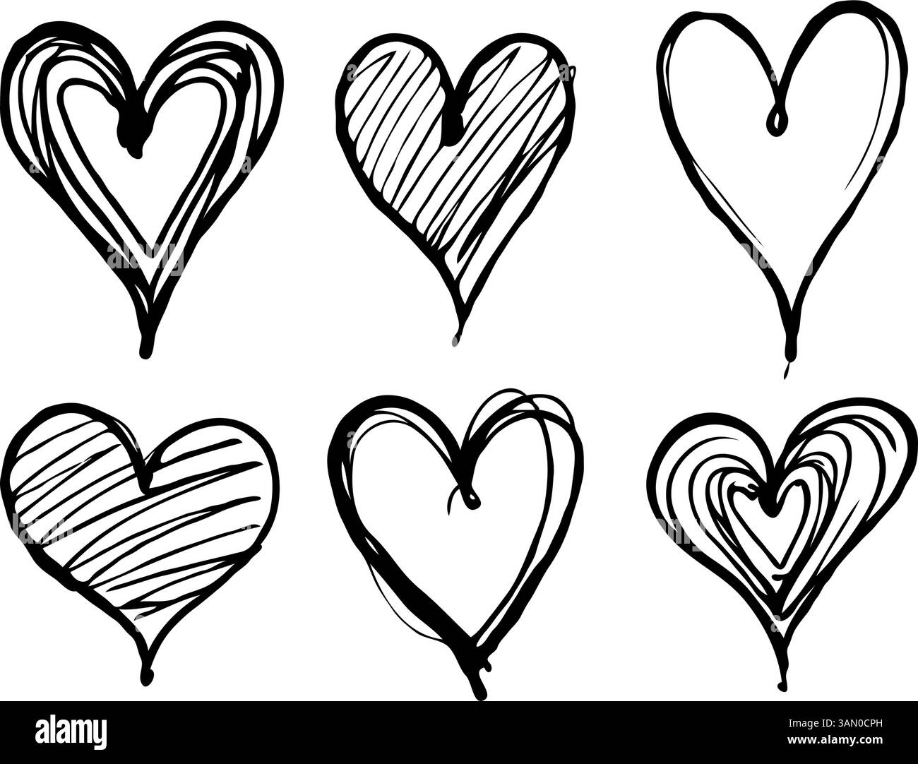 Six unique hand-drawn black hearts with creative designs on a white ...