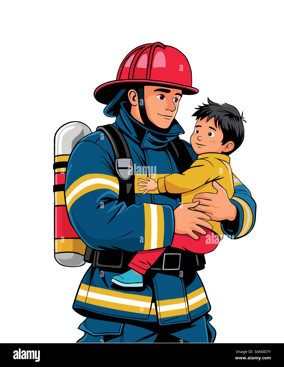 Firefighters saving boy from the fire. Saving lives. Firemen wearing ...