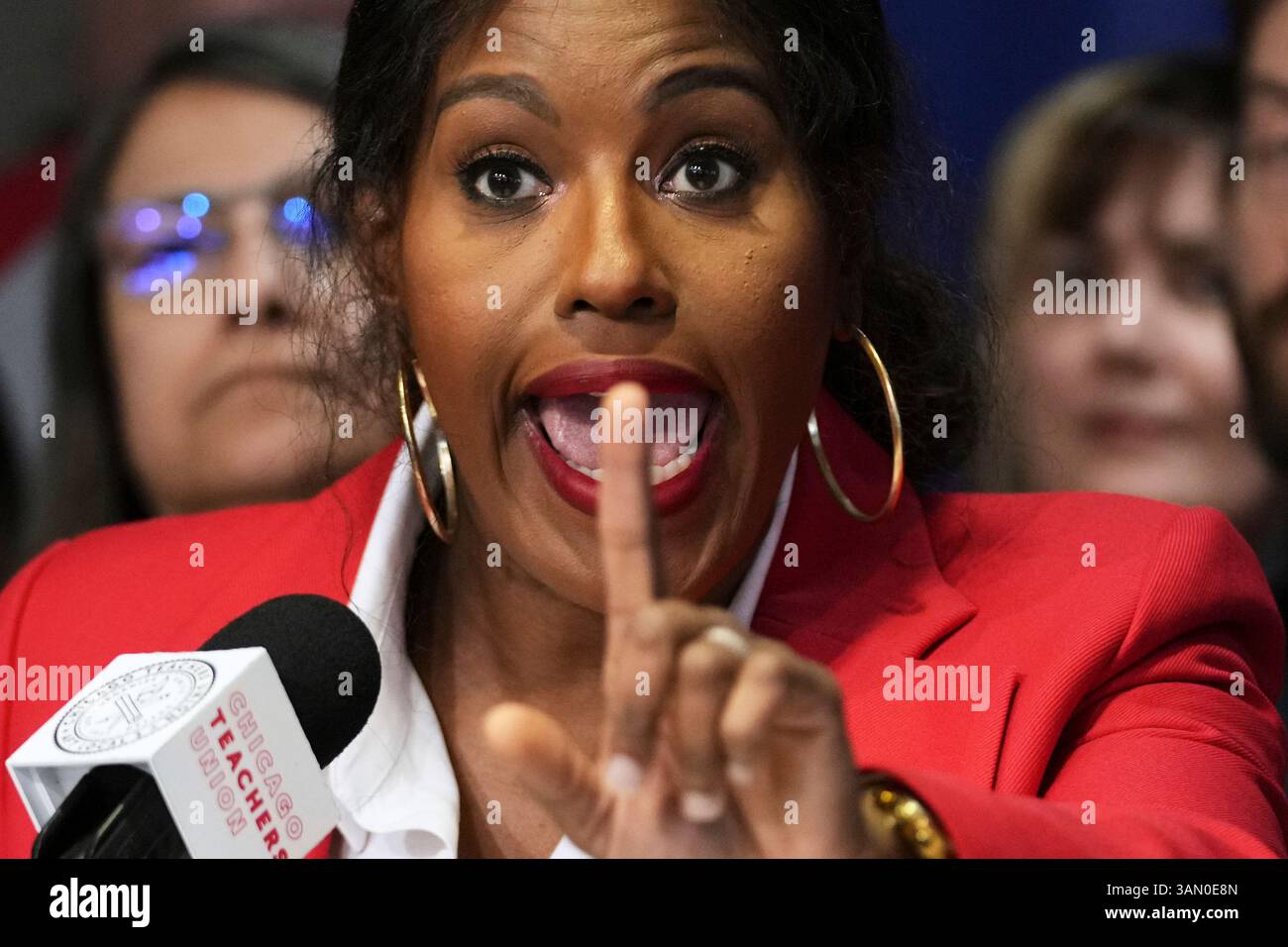 The Chicago Teachers Union (CTU) President Stacy Davis Gates answers a ...