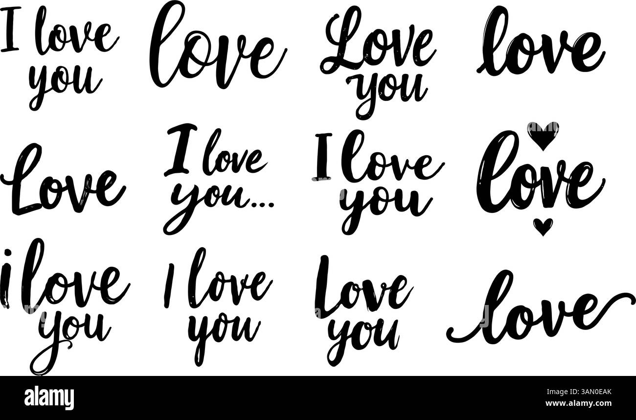 Collection of handwritten I love you and love text designs in black ink ...