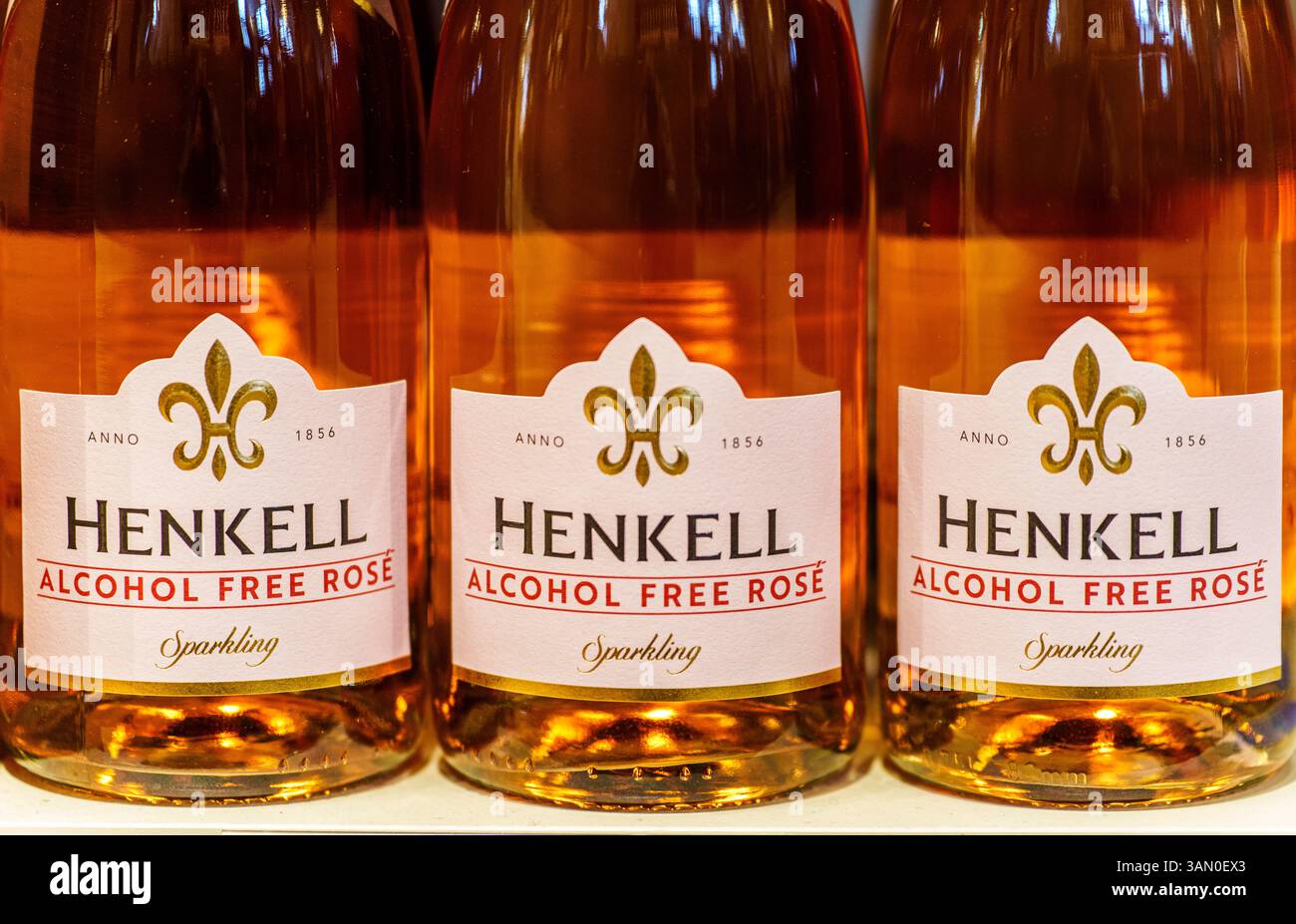 Wiesbaden, Germany. 10th Apr, 2025. Three bottles of "Henkell Alcohol ...