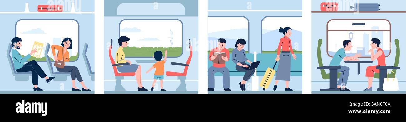 Train journey. People in different carriages. Travel by public ...