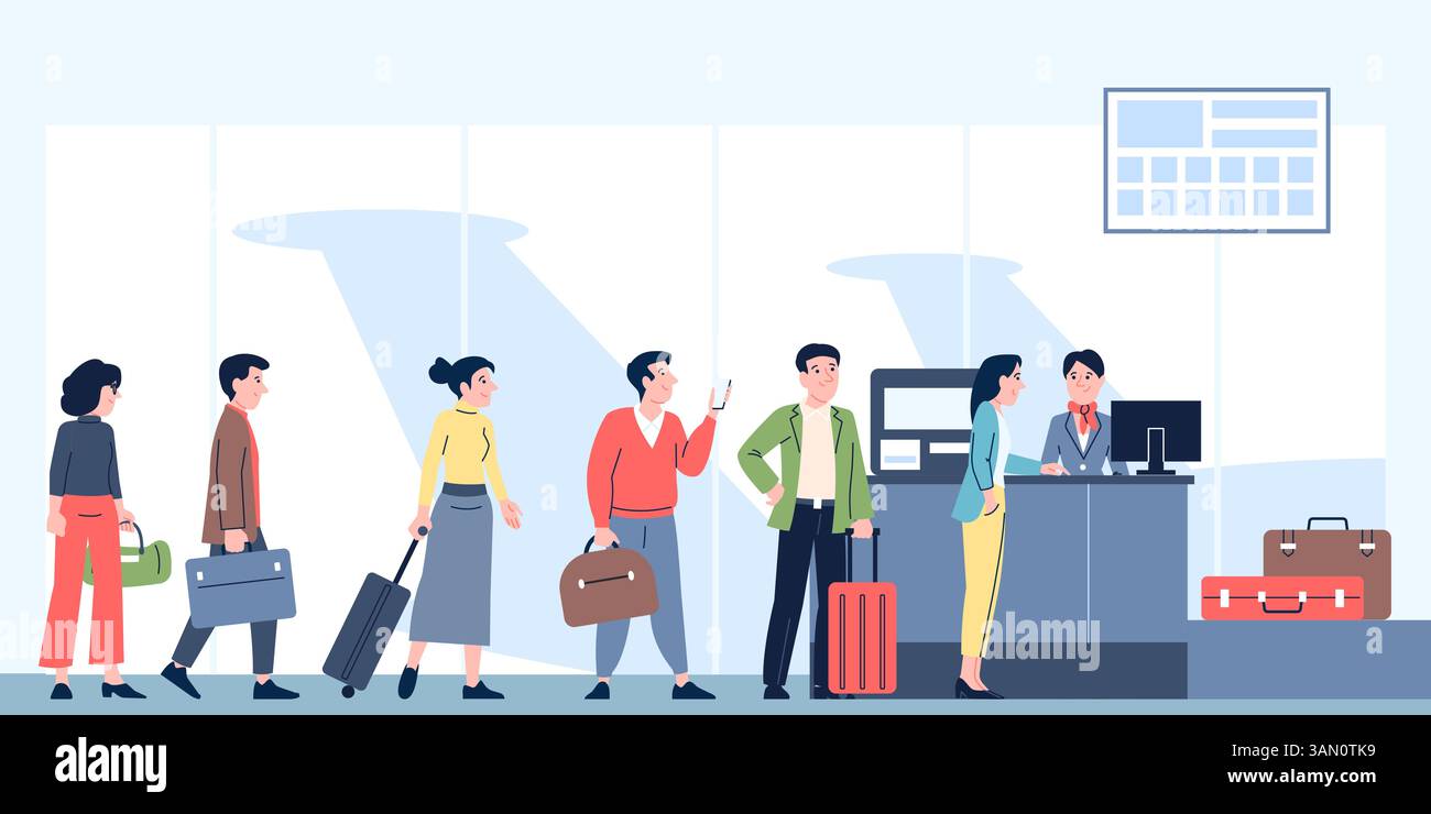 Airport check in queue. Travellers queue with luggage in terminal ...