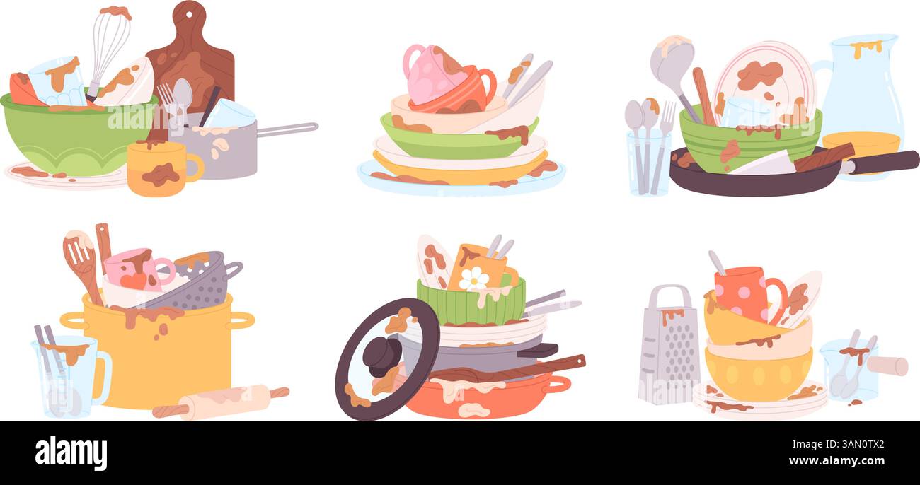 Dirty dishes. Piles of plates pan cups and pots. Messy kitchen utensils ...