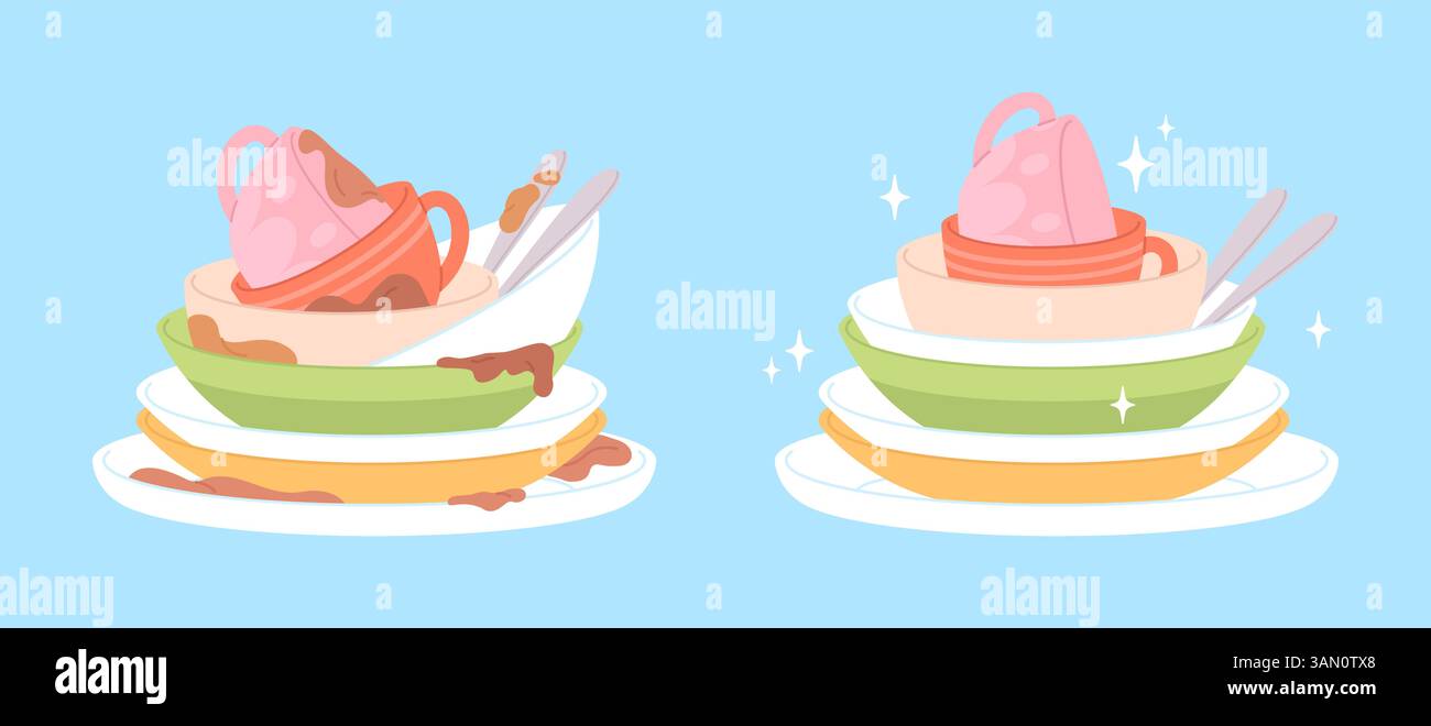 Clean dirty dishes. Piles of kitchenware, messy plates cups and bowls ...