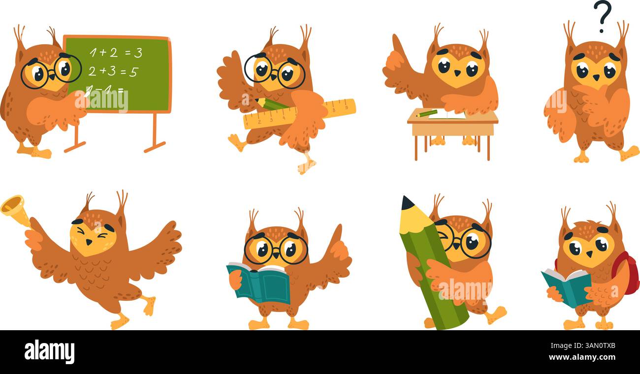 Cartoon smart owls. School owl characters, birds studying, thinking ...