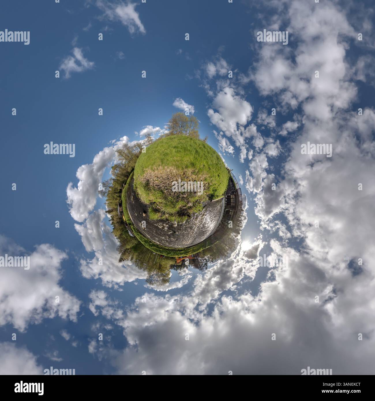 simple little tiny planet without buildings in blue sky with sun and ...