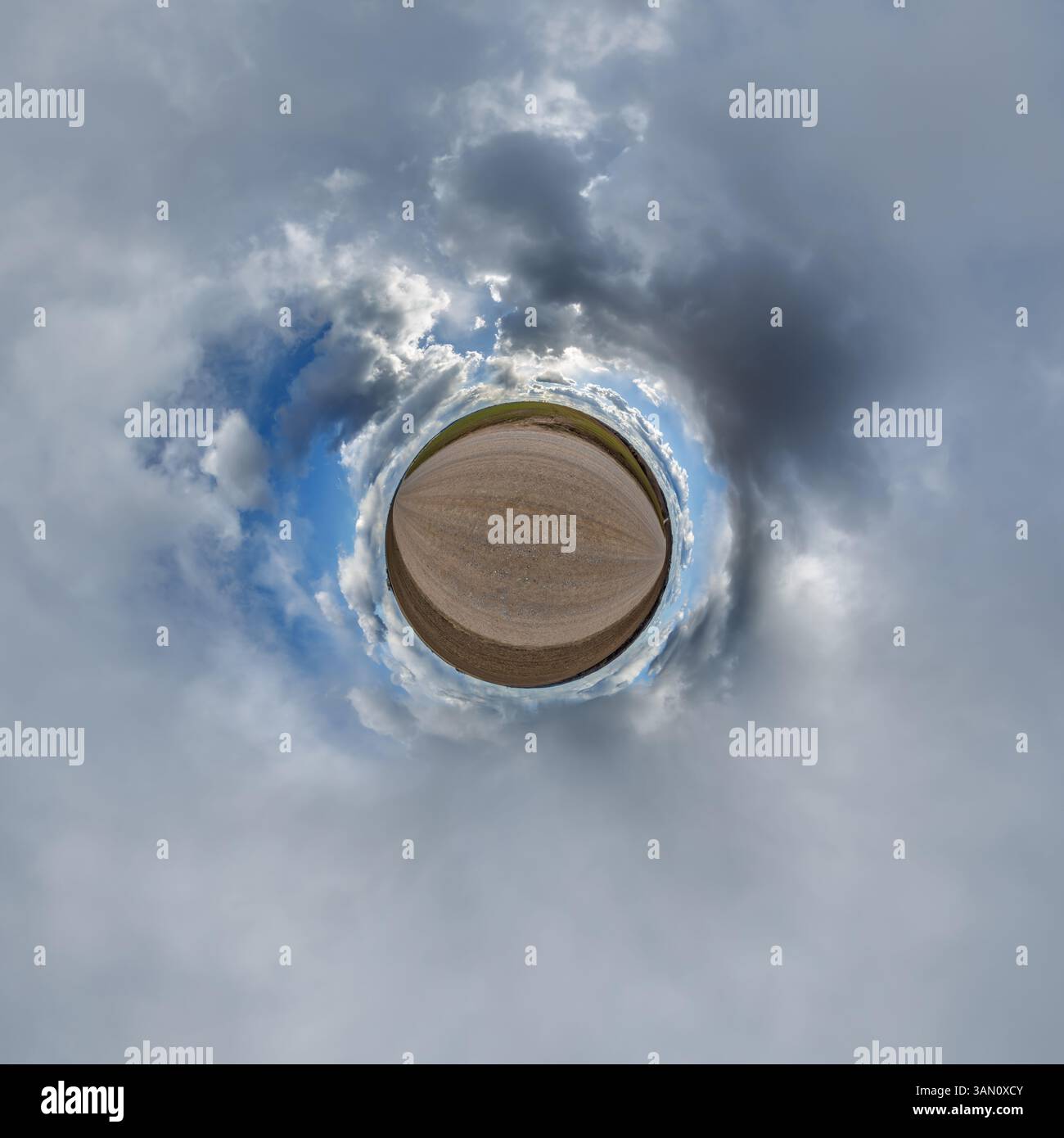 simple little tiny planet without buildings in blue sky with sun and ...