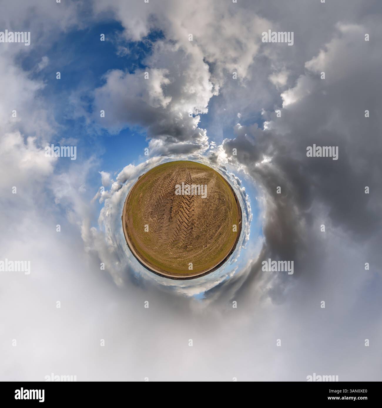 simple little tiny planet without buildings in blue sky with sun and ...