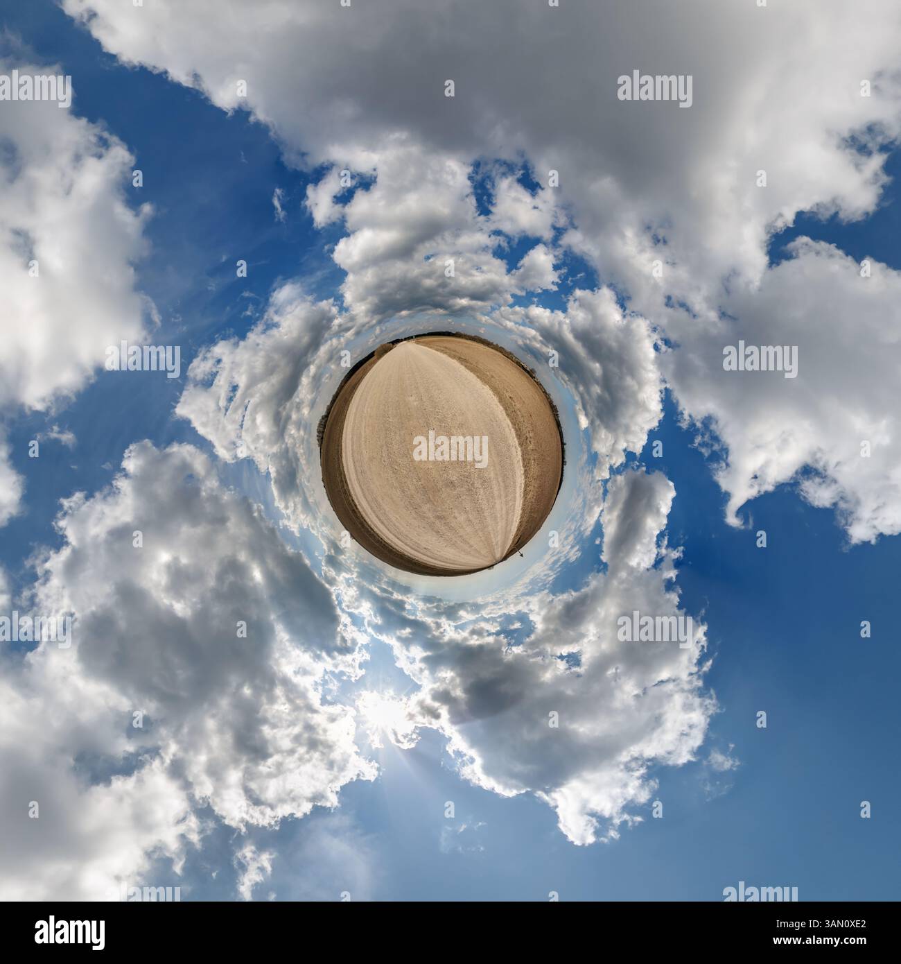 simple little tiny planet without buildings in blue sky with sun and ...