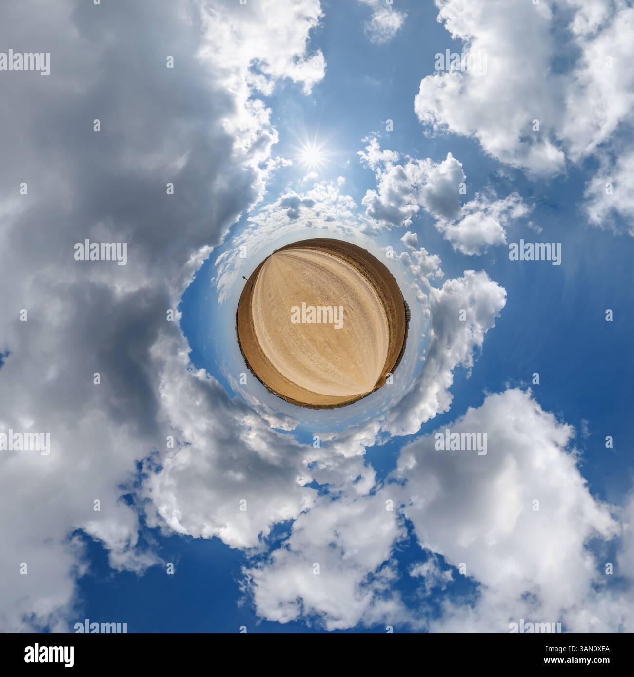 simple little tiny planet without buildings in blue sky with sun and ...