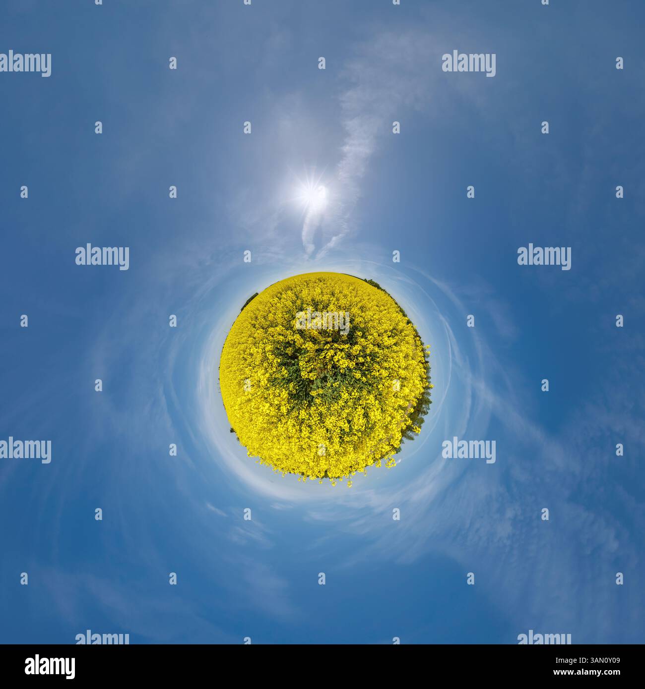 simple little tiny planet without buildings in blue sky with sun and ...