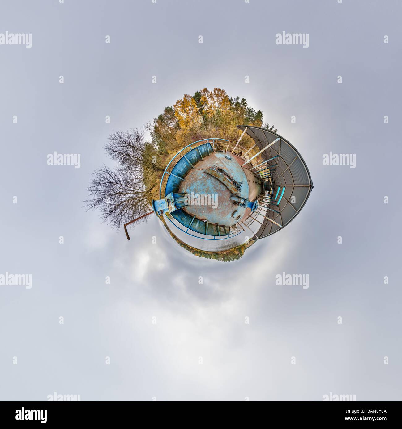simple little tiny planet without buildings in blue sky with sun and ...