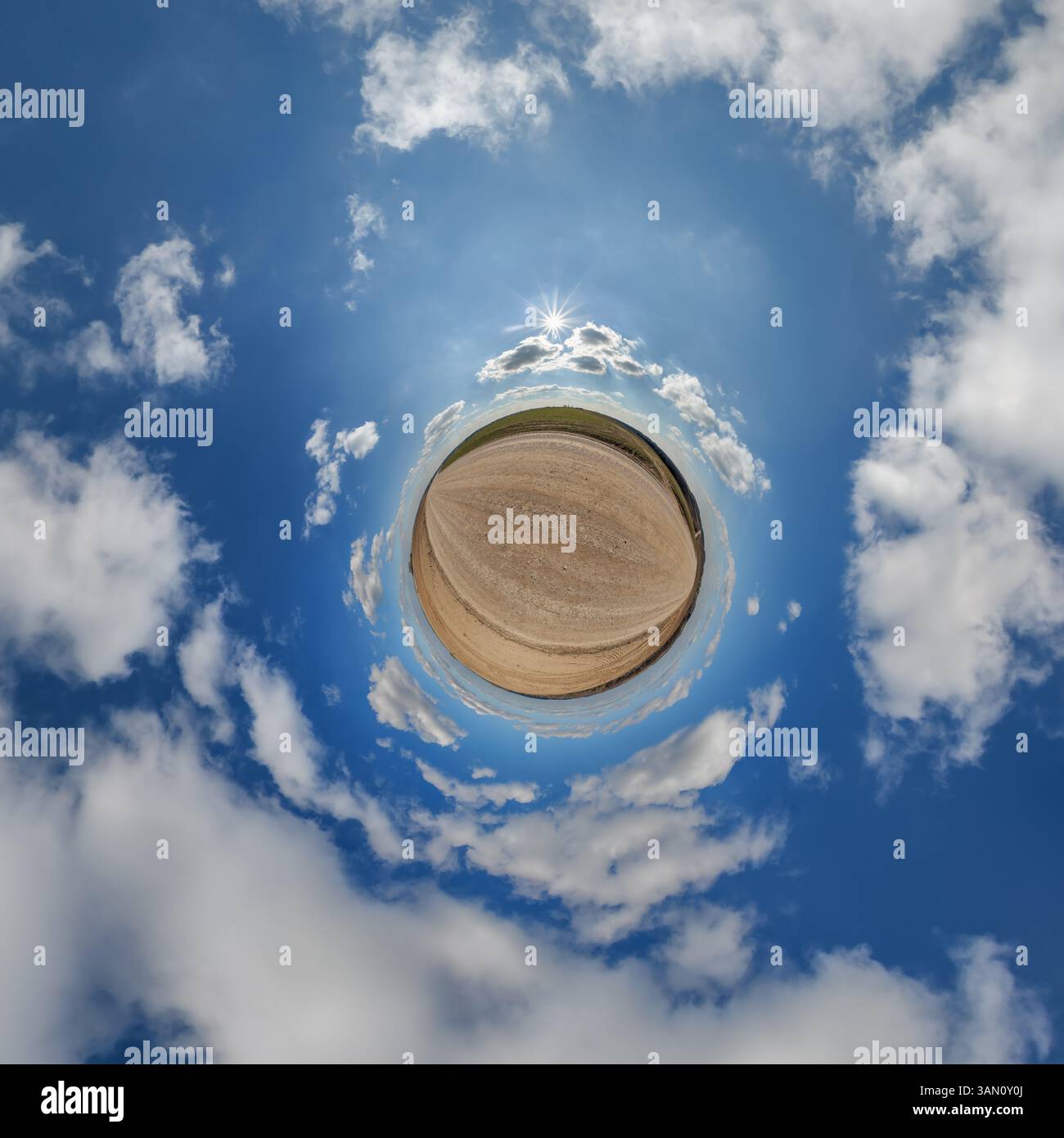 simple little tiny planet without buildings in blue sky with sun and ...