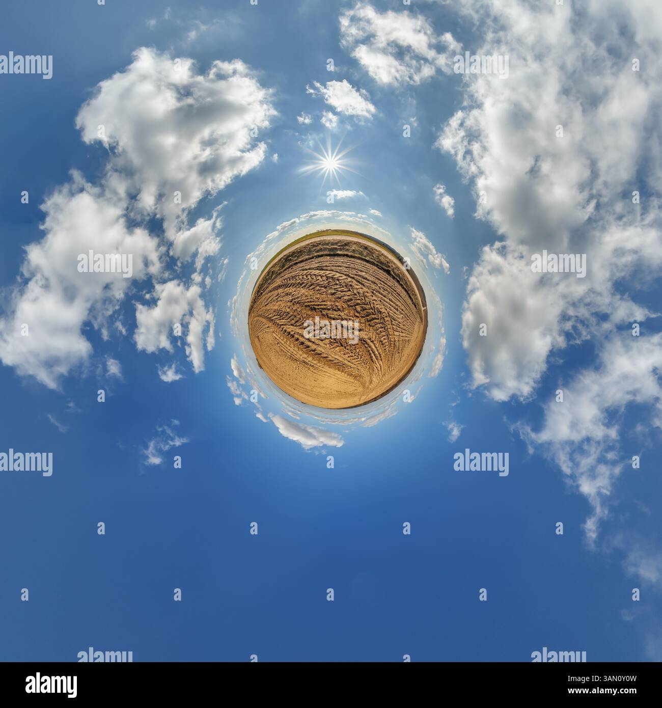 simple little tiny planet without buildings in blue sky with sun and ...