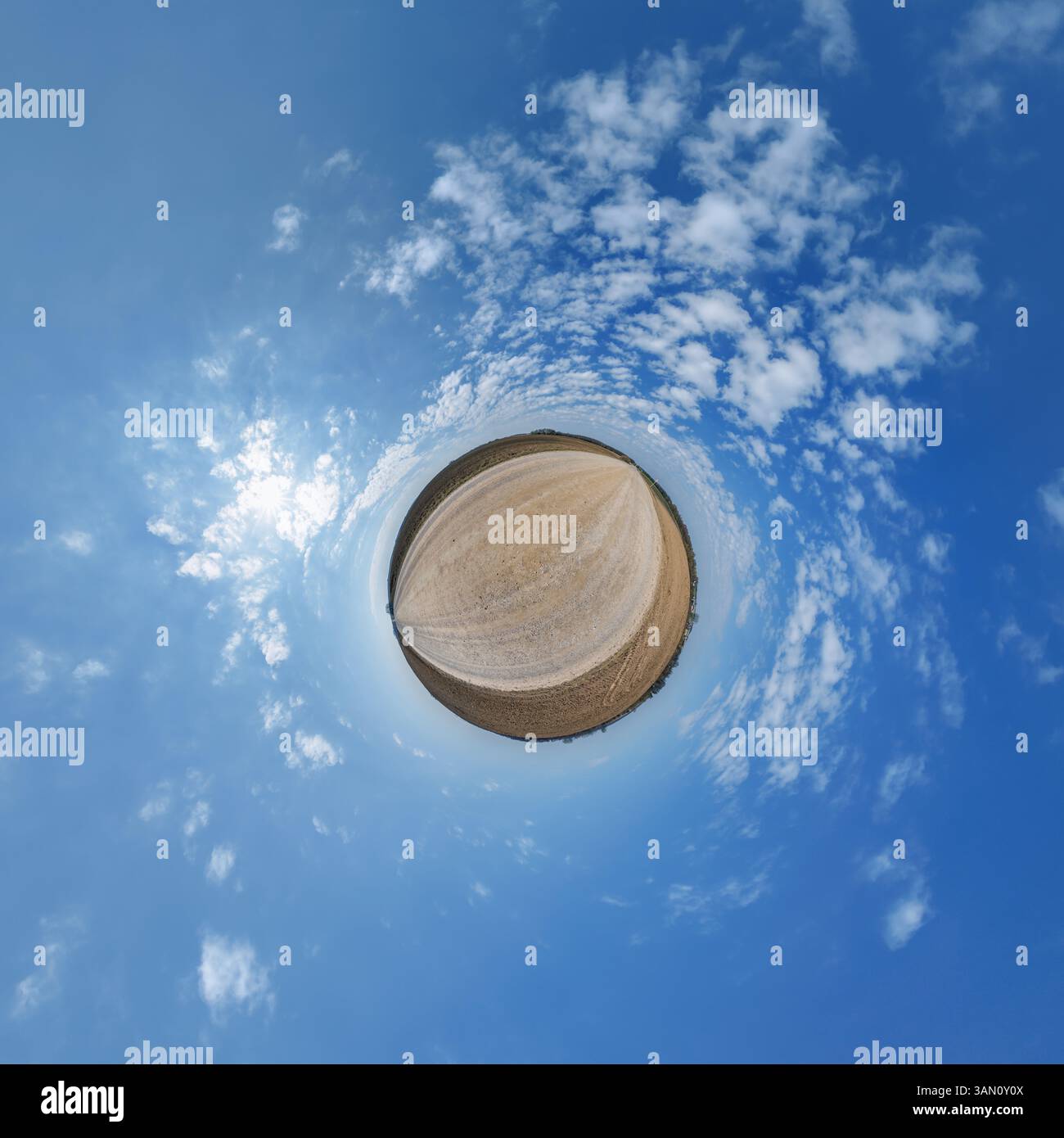 simple little tiny planet without buildings in blue sky with sun and ...