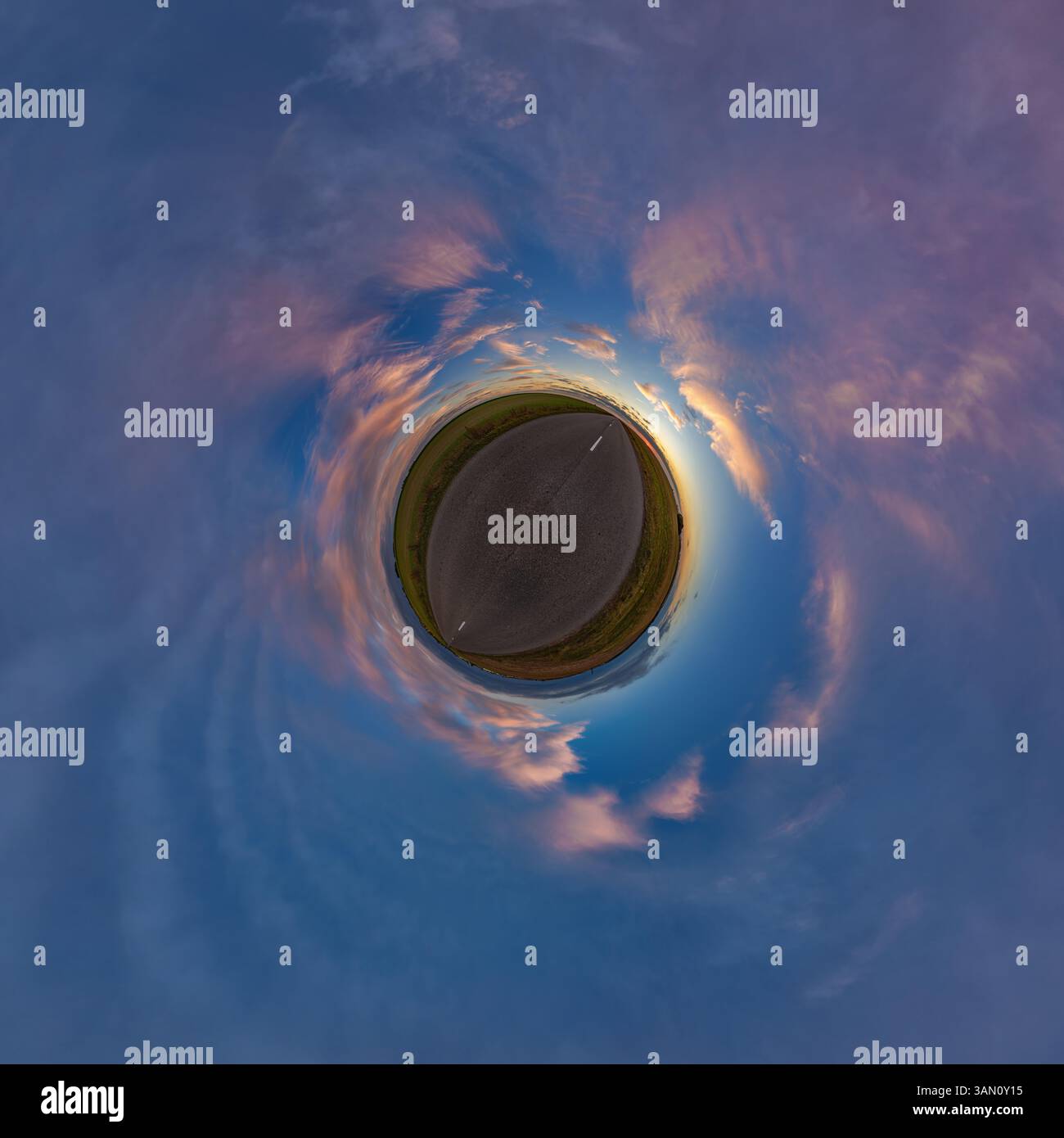 simple little tiny planet without buildings in blue sky with sun and ...