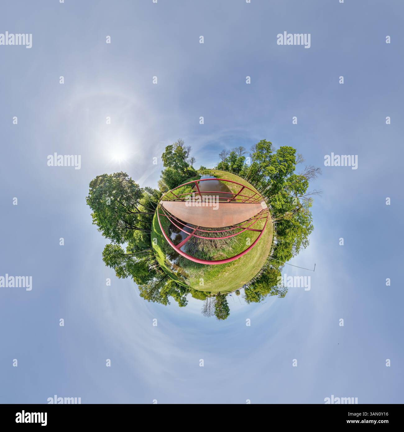 simple little tiny planet without buildings in blue sky with sun and ...