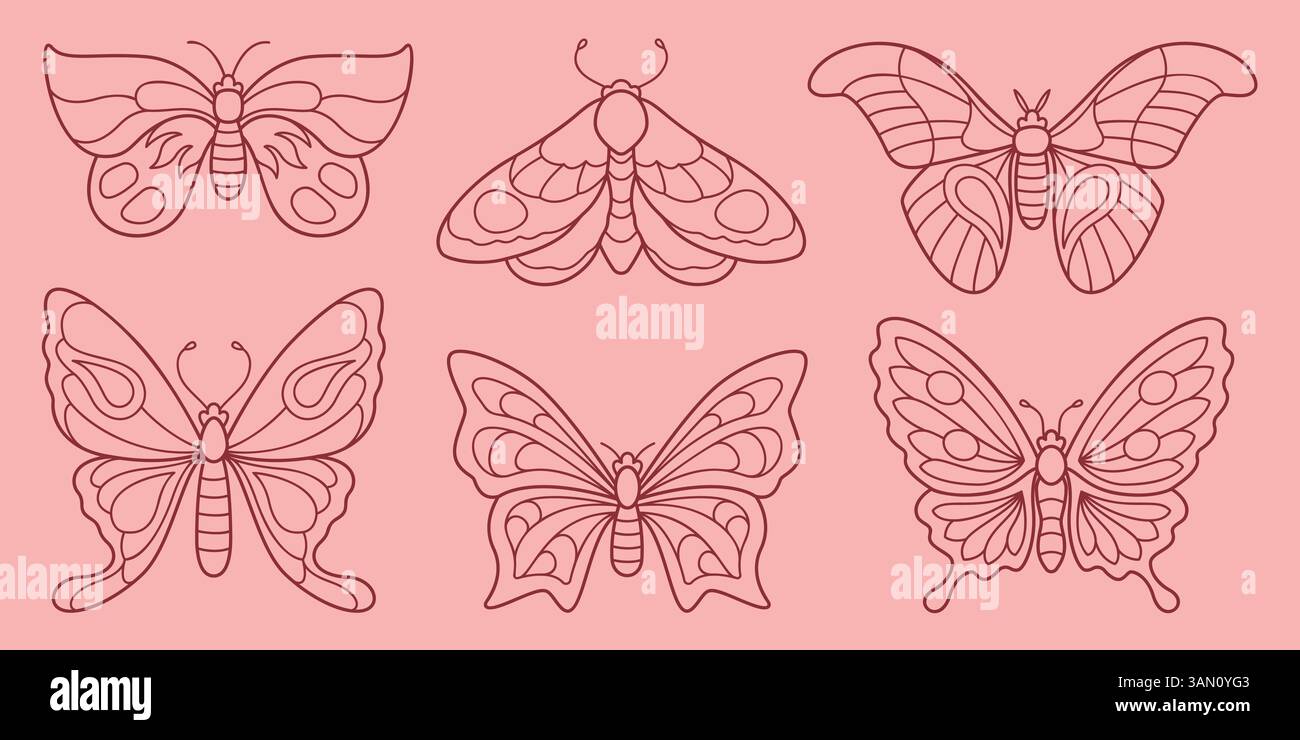 Charming pink butterflies and moths doodle set. Hand drawn Flat, line ...