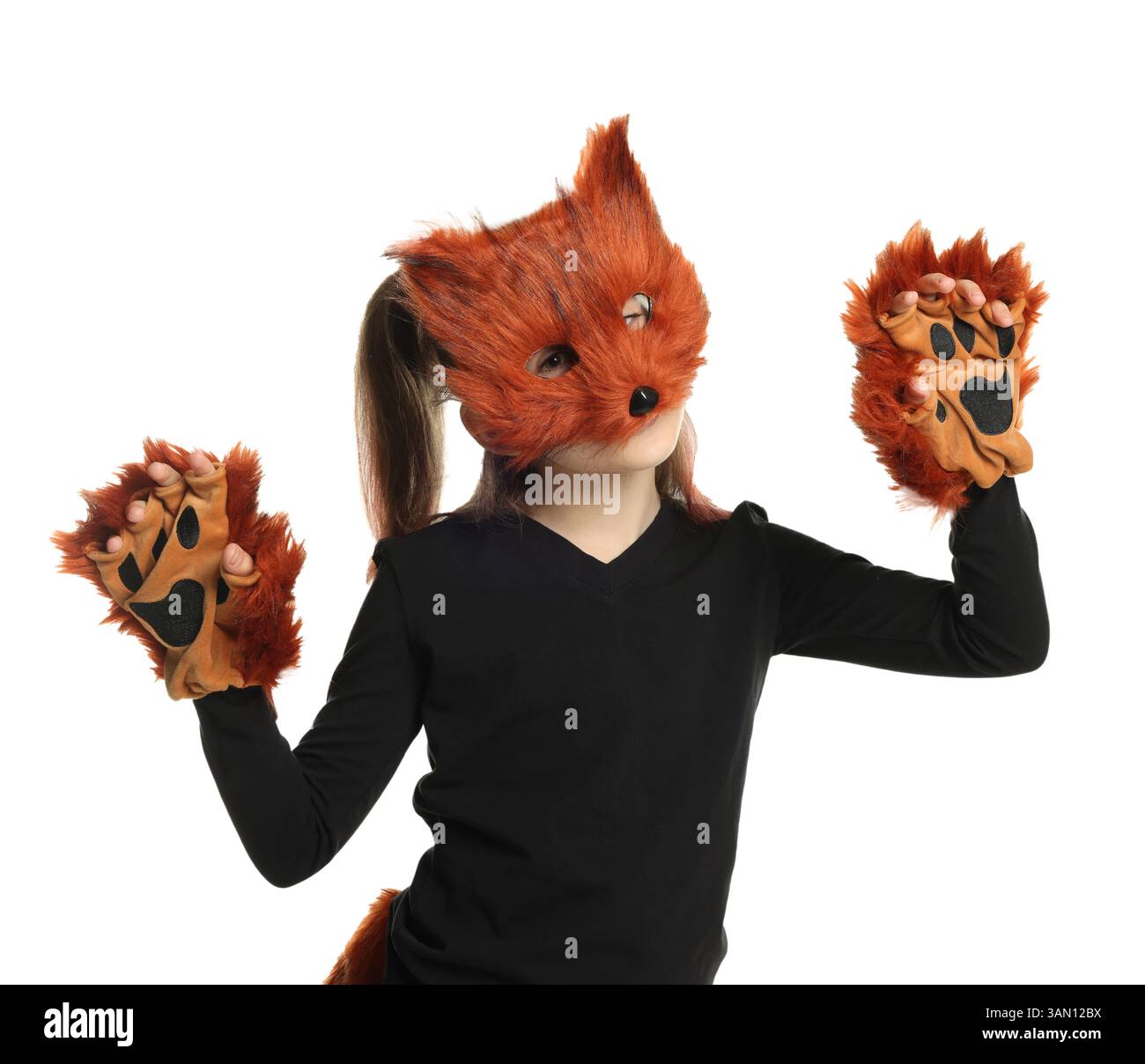 Quadrobics. Girl wearing fox mask and gloves on white background Stock ...
