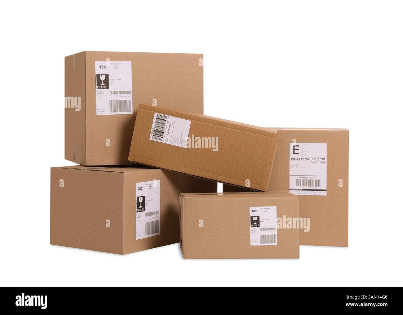 Many parcels with shipment labels isolated on white Stock Photo - Alamy