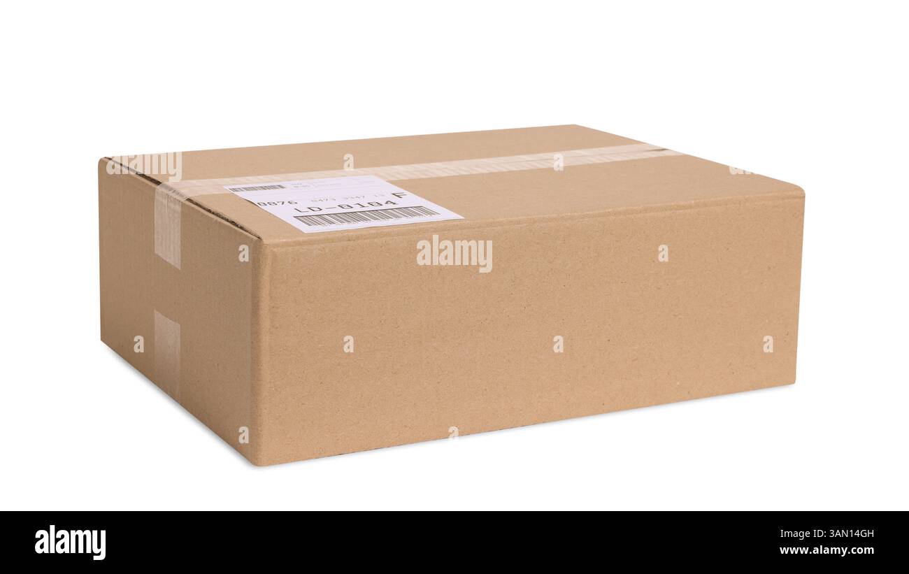 One parcel with shipment label isolated on white Stock Photo - Alamy